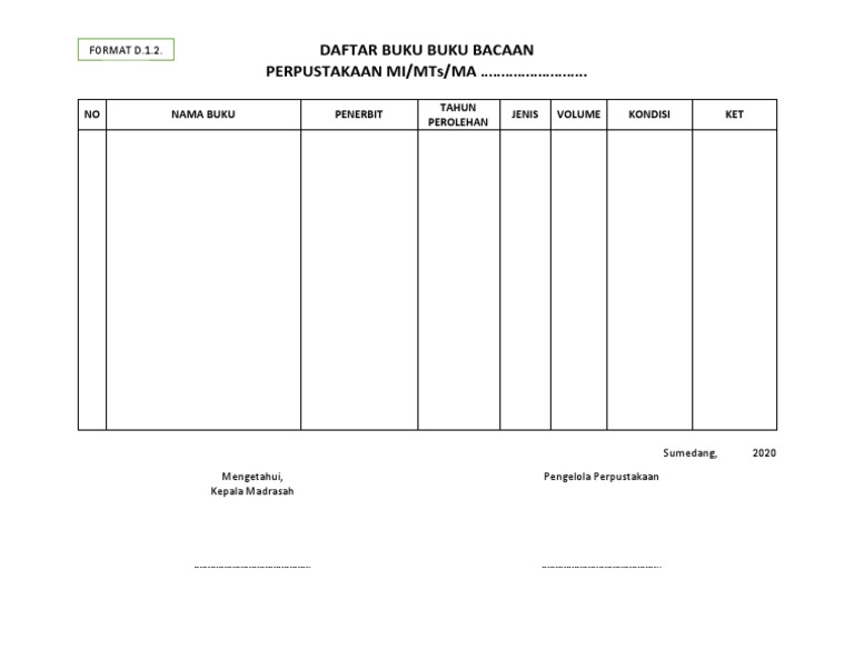 Format D.1.2 Daftar Buku Bacaan Dalam Dalam Bentuk Cetakan Dan Digital Di Perpustakaan | PDF