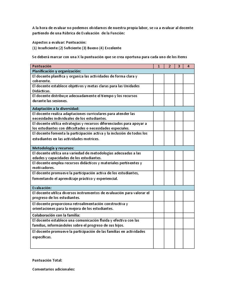 Rúbrica de Evaluación Docente Programación | PDF
