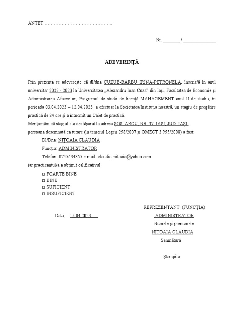 Model Adeverinta Practica | PDF