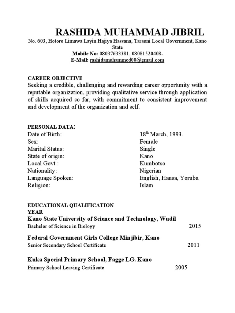 Rashida Muhammad Jibril Resume | PDF