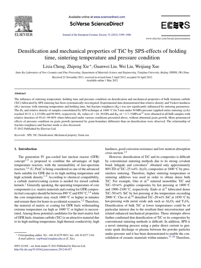 Densification and Mechanical Properties of TiC by SPS-effects of Holding Time, Sintering ...