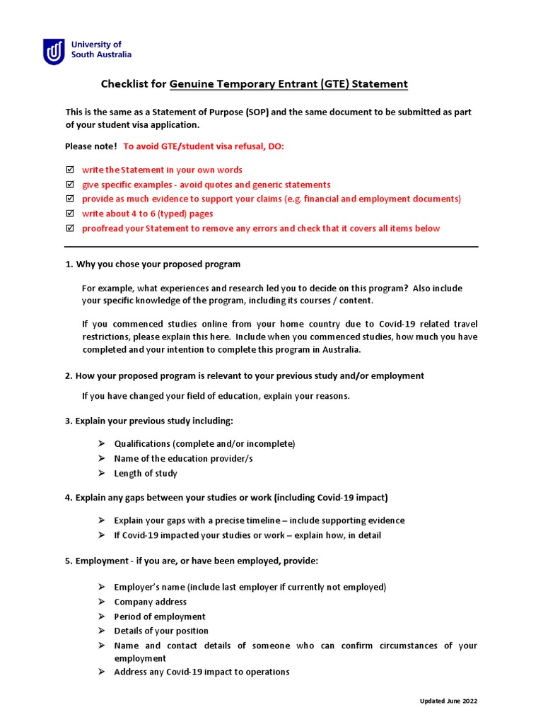 Checklist For GTE Statement July 2022 | PDF | Travel Visa | Employment