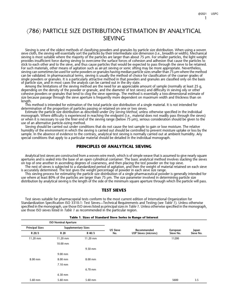 〈786〉 Particle Size Distribution Estimation By Analytical Sieving Pdf