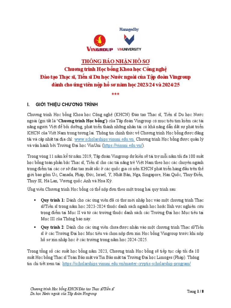 Thông báo nhận hồ sơ - Học bổng KHCN Vingroup - 2023 24 2024 25 | PDF