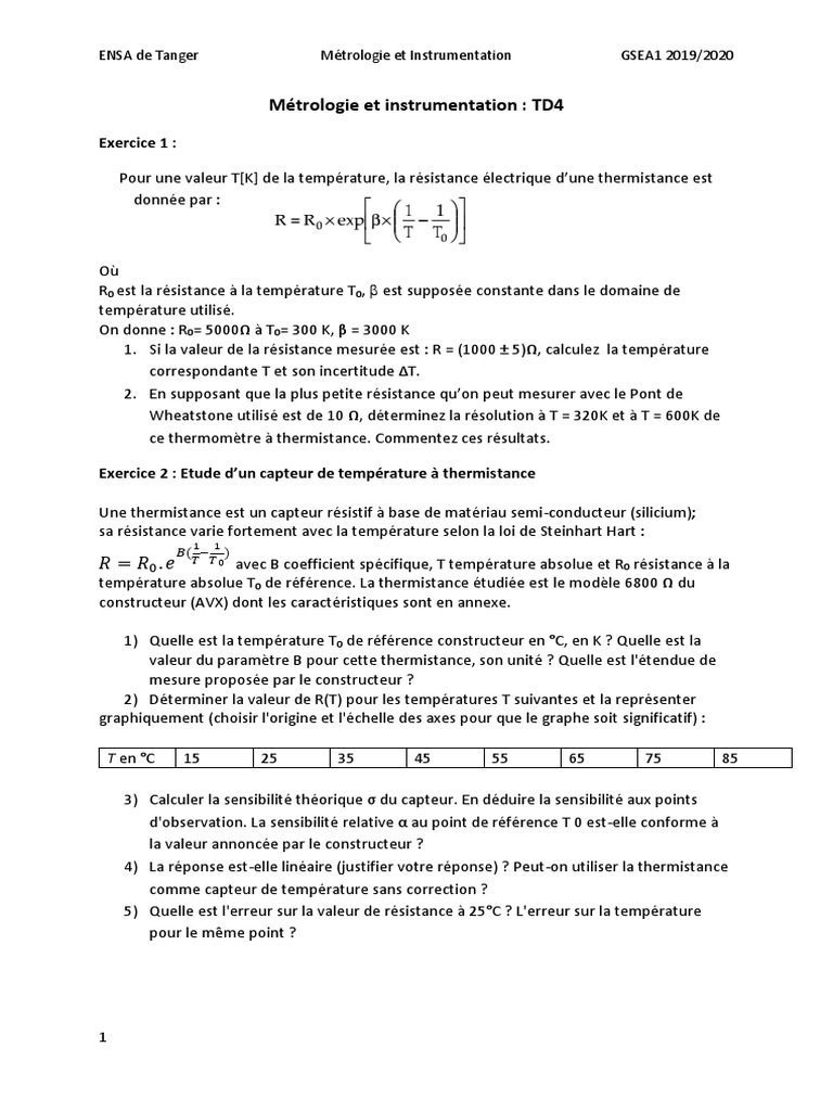Métrologie Et Instrumentation: TD4: Exercice 1 | PDF | Thermocouple | Grandeur physique