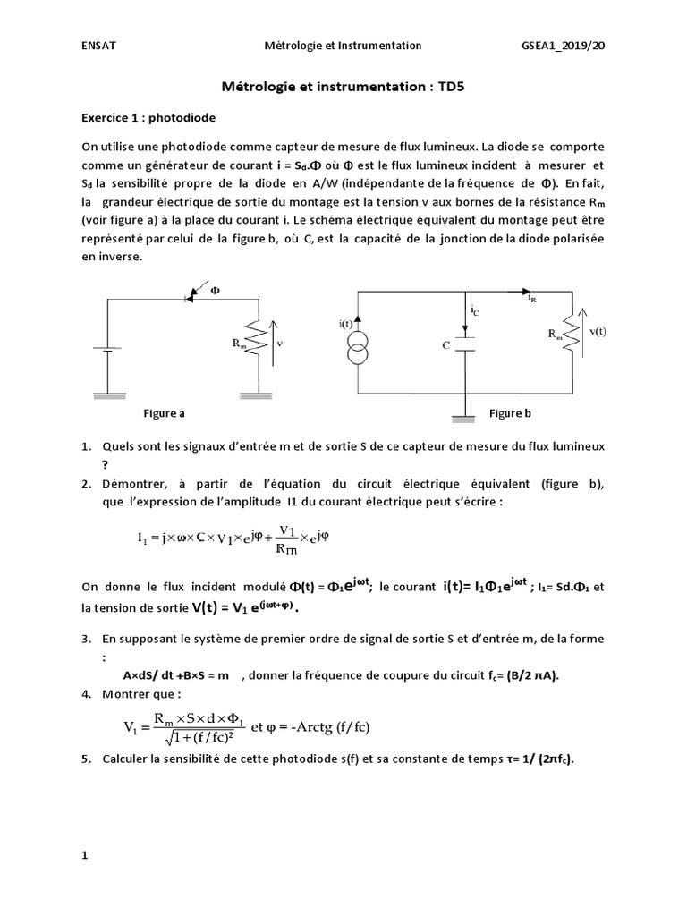 Métrologie Et Instrumentation: TD5: Exercice 1: Photodiode | PDF