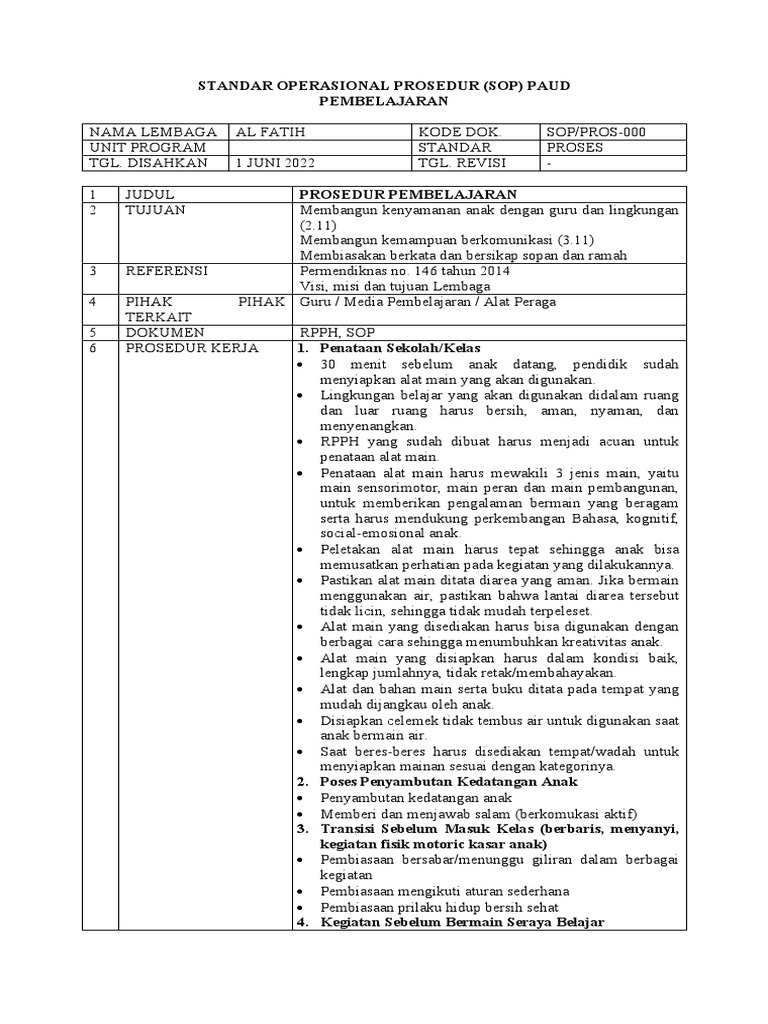 SOP Pembelajaran PAUD/TK | PDF