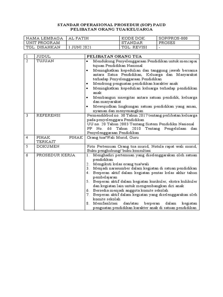 Sop Pelibatan Orang Tua Keluarga Tk/paud | PDF