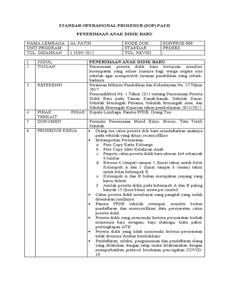 Sop Penerimaan Anak Didik Baru Paud/tk | PDF