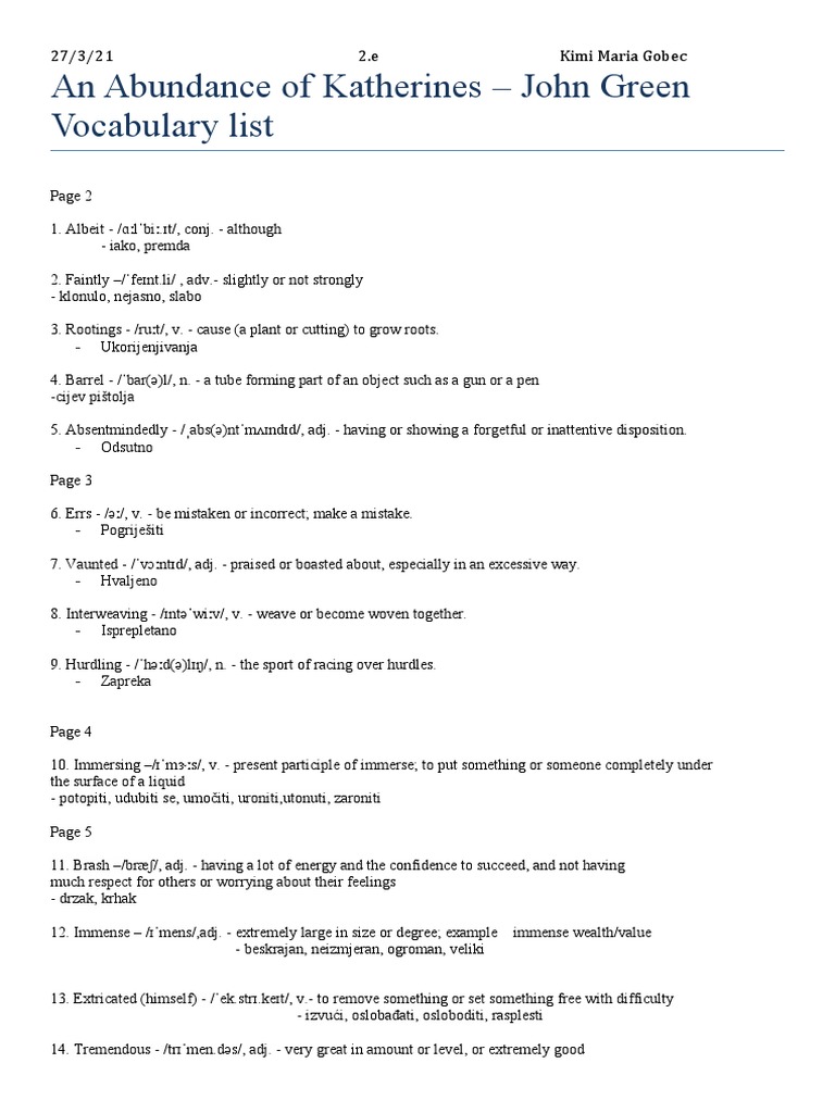 Vocabulary for "An Abundance of Katherines" | PDF | Vertebral Column