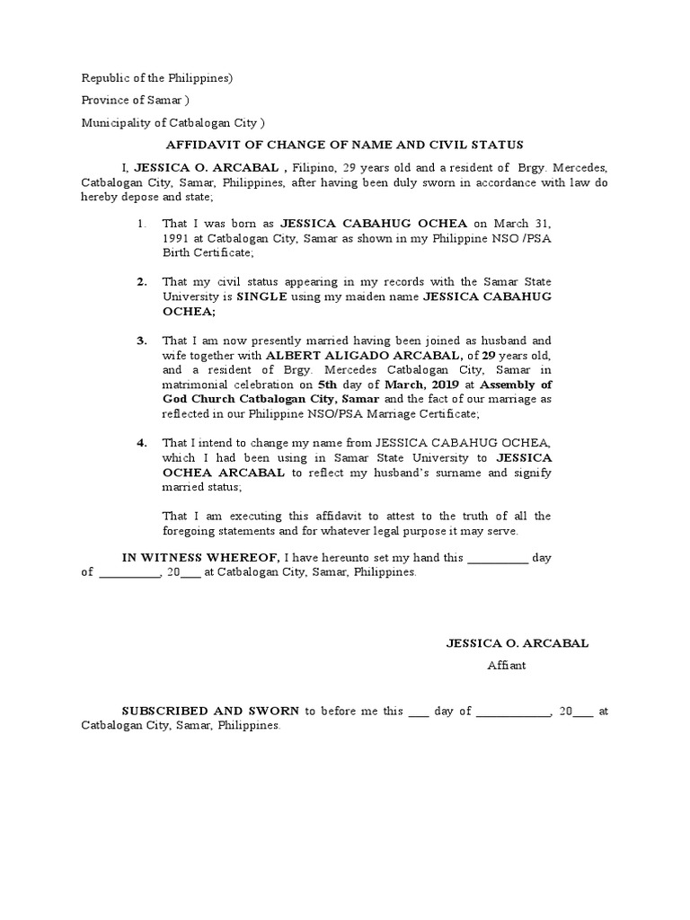 Change of Status | PDF | Affidavit | Marriage