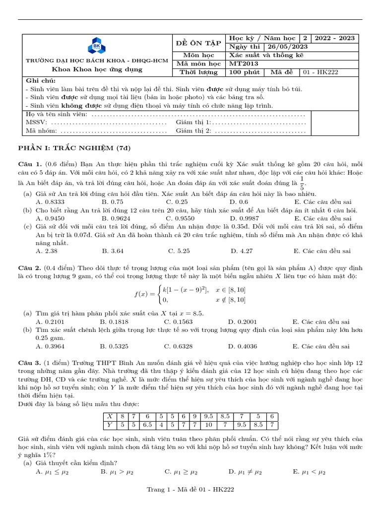 Đề ôn tập XSTK HK222 | PDF