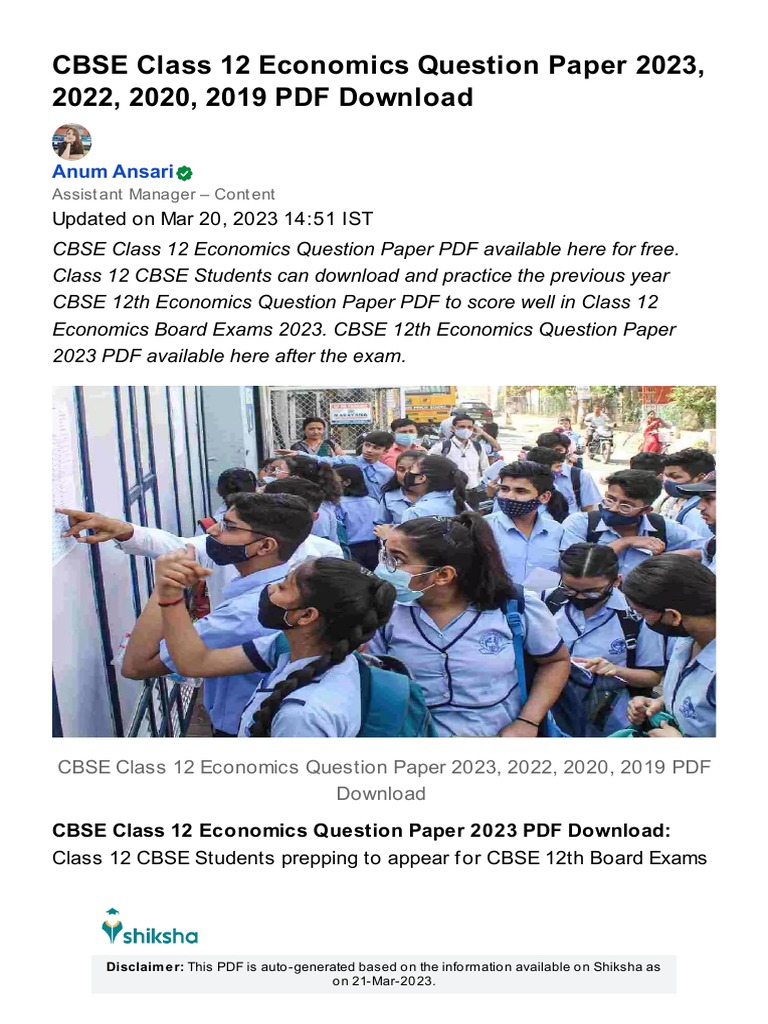 CBSE Class 12 Economics Question Paper 2023, 2022, 2020, 2019 PDF ...