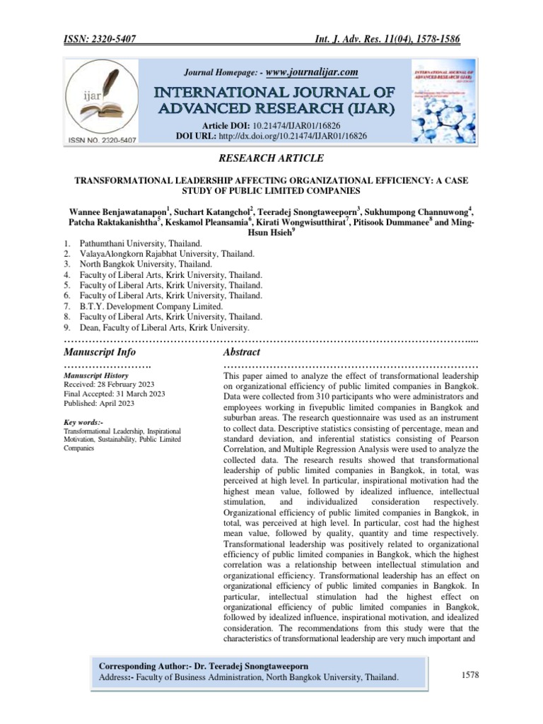 Transformational Leadership Affecting Organizational Efficiency: A Case ...