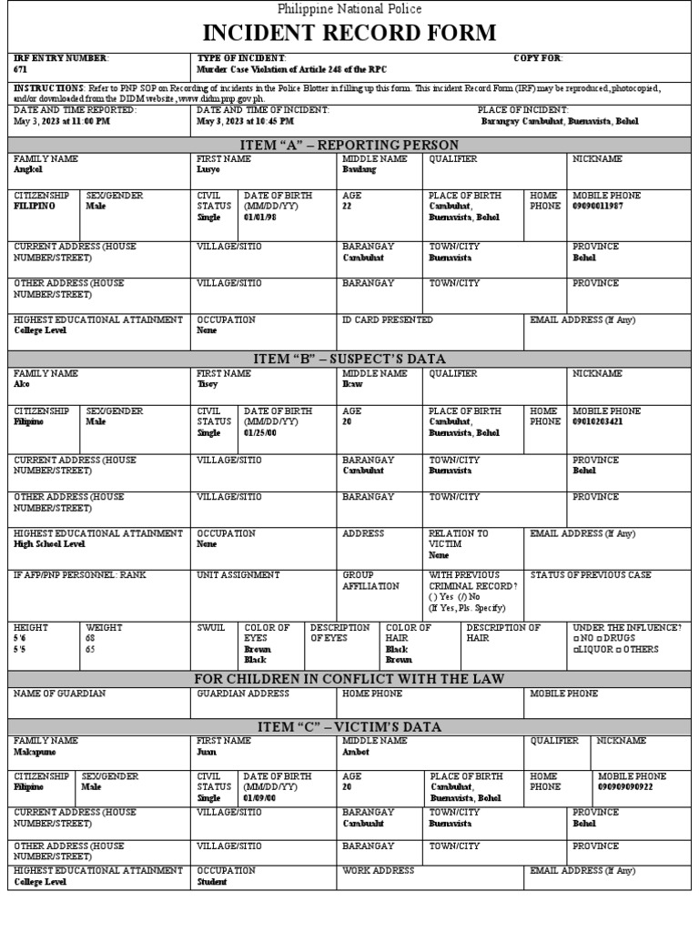 Ceniza Incident Form | PDF | Law Enforcement | Crime & Violence