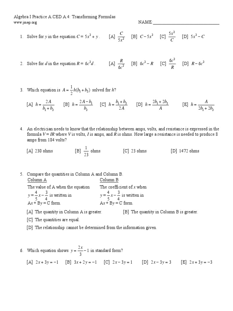 Algebra I Formula Transformation Practice | PDF