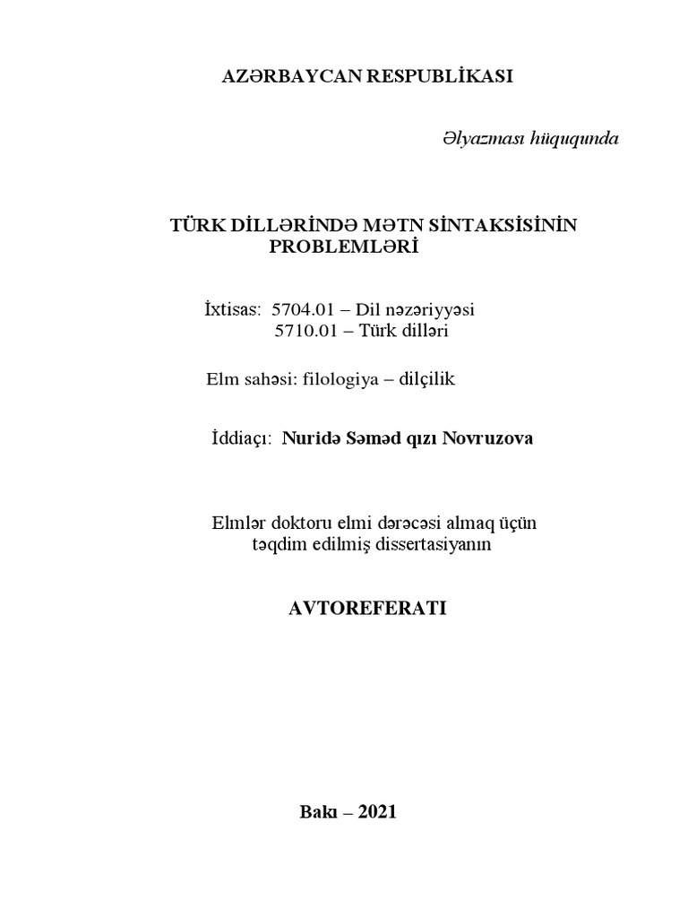 Nurida Xanim Avtoreferat | PDF