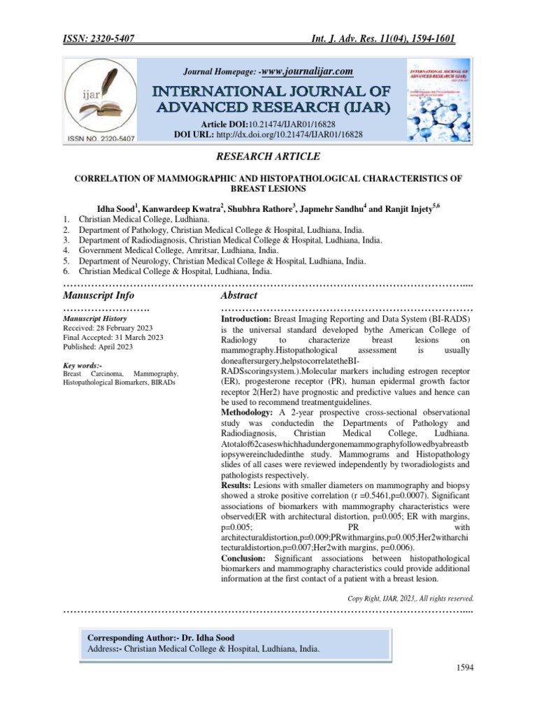 Correlation of Mammographic and Histopathological Characteristics of ...