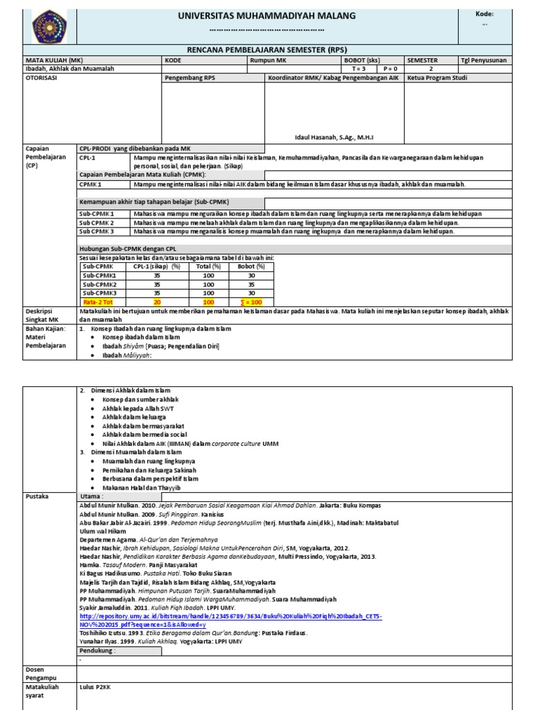 RPS AIK II (Ibadah, Akhlak Dan Muamalah) | PDF
