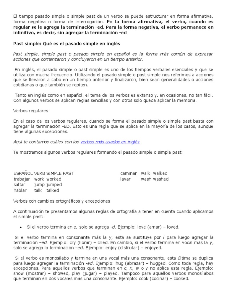El Tiempo Pasado Simple o Simple Past de Un Verbo Se Puede Estructurar ...