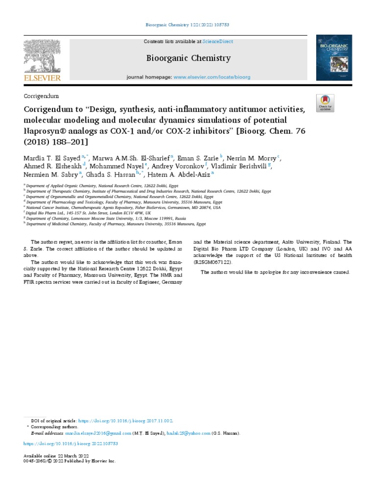 Corrigendum To Design Synthesis Anti Inflammatory Antitumor Ac 2022 ...