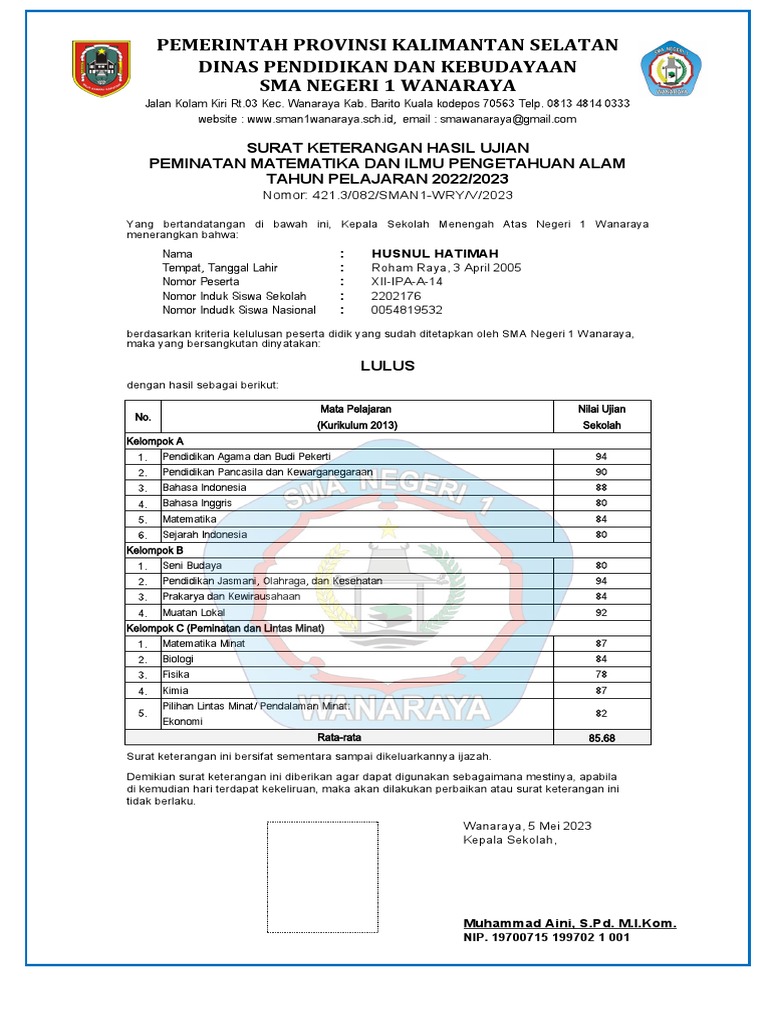 Surat Keterangan Lulus Kelas XII 2023 | PDF