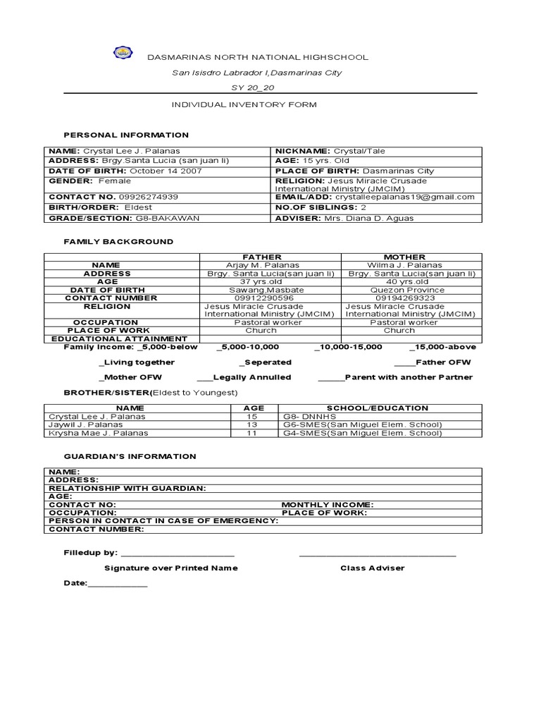 Student Inventory Form | PDF