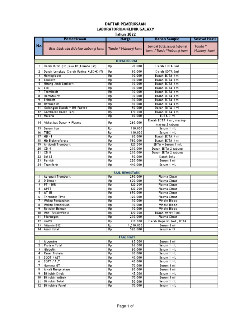 Daftar Harga Lab Galaxy 2022 | PDF