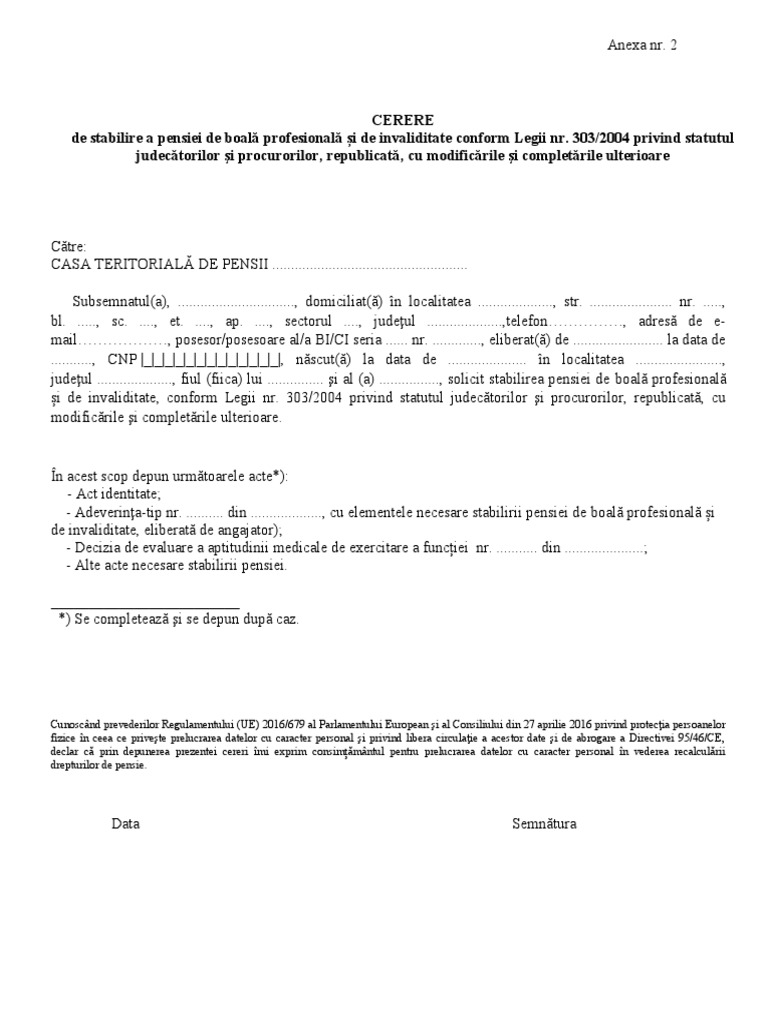 Cerere de Stabilire A Pensie Invaliditate - Lg. 303-2004 | PDF