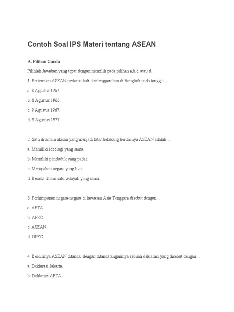 Soal IPS tentang ASEAN untuk Kelas 6 | PDF