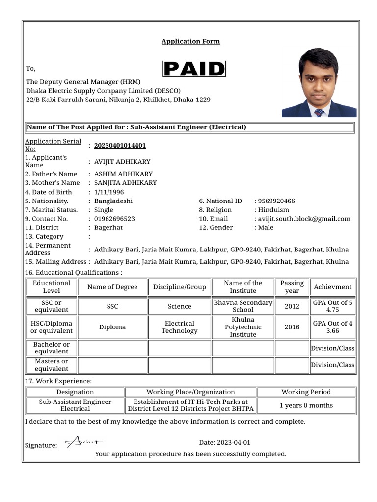 Sub-Assistant Engineer Application Form | PDF | Diploma | Vocational ...