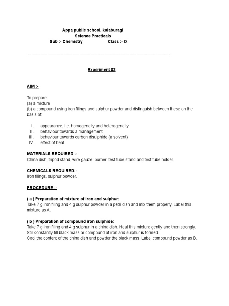 Iron and Sulphur Mixture Experiment | PDF | Home & Garden | Science ...