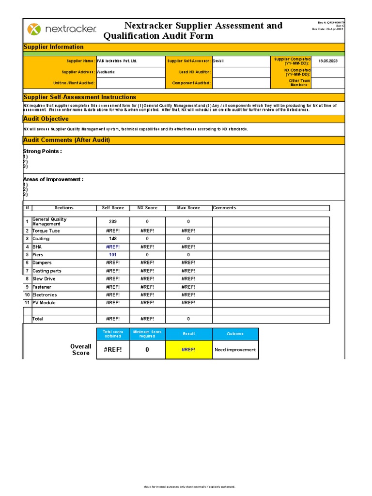 Supplier Assessment and Qualification Audit Form QMS-000479 | PDF ...