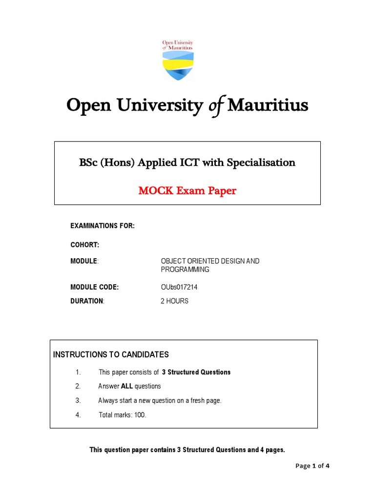 Bsc Hons Applied Ict Oop Mock Pdf Object Oriented Programming Constructor Object