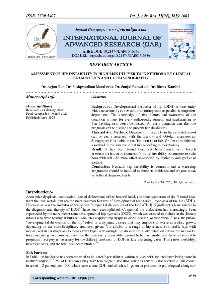 Assessment of Hip Instability in High Risk Deliveries in Newborn by ...