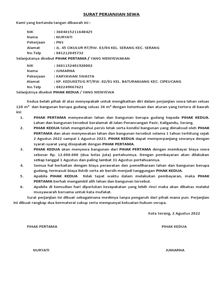 SURAT PERJANJIAN SEWA KIOS (Penancangan) | PDF