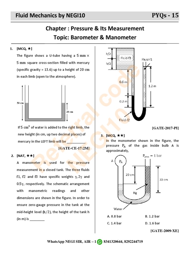 FM PYQs & NTPP - 15 (03.05.23) | PDF | Pressure | Pressure Measurement