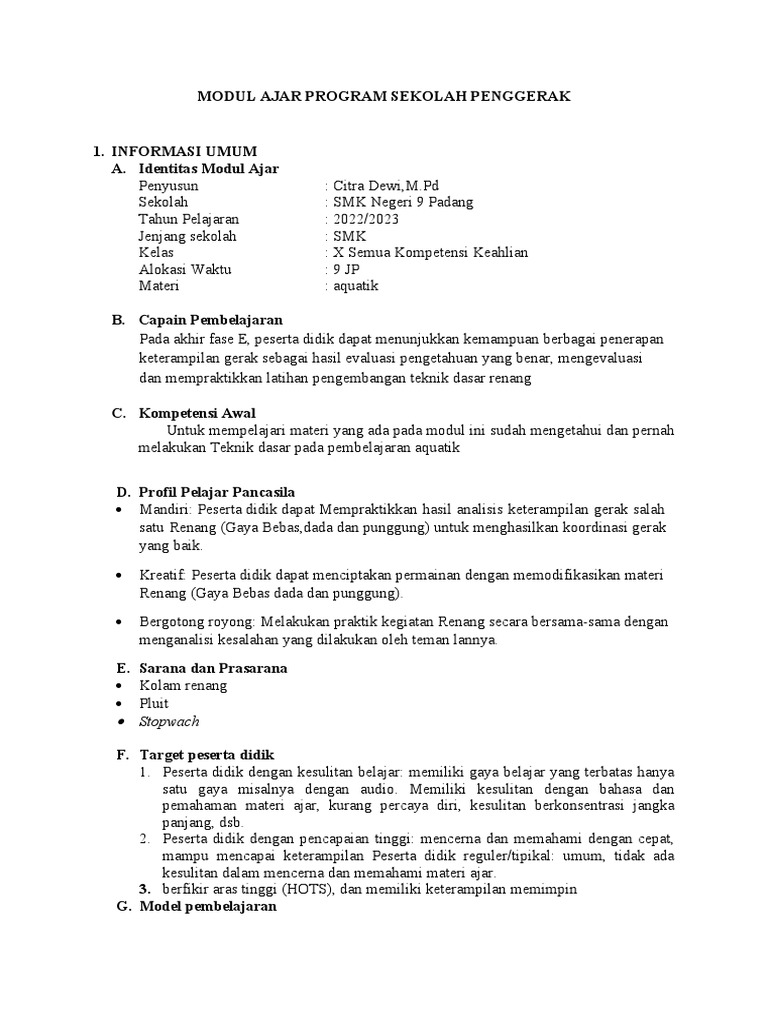 Modul Ajar PSP Renang | PDF