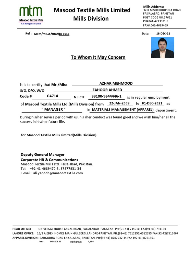 Employment Certification for Masood Textile | PDF