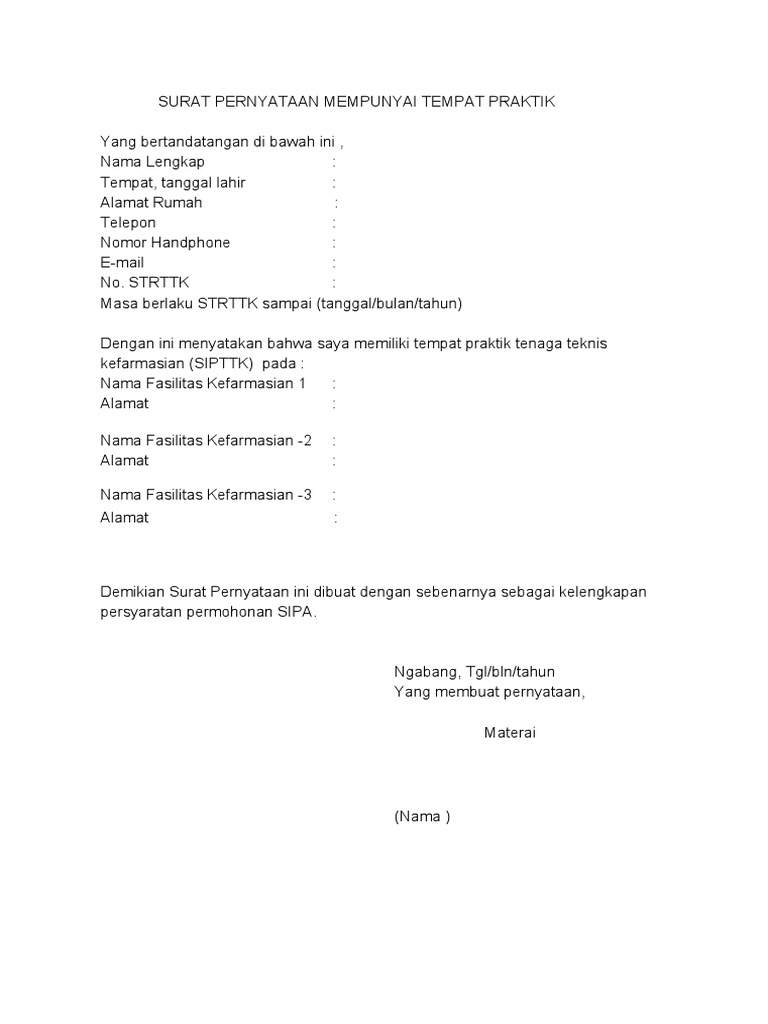 Surat Pernyataan Mempunyai Tempat Praktik Profesi | PDF
