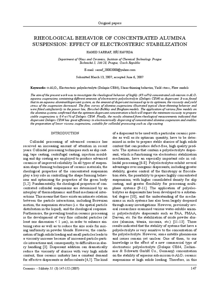 Sarraf - Rheological Behavior of Concentrated Alumina Suspension ...