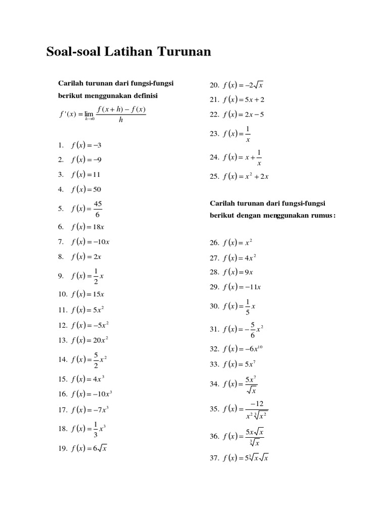 Latihan Soal Turunan Fungsi Aljabar | PDF