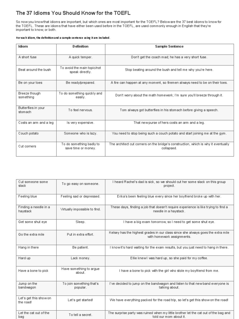 The 37 Idioms You Should Know For The TOEFL | PDF