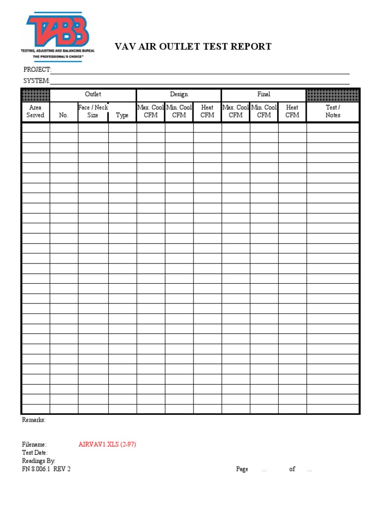 TABB Forms - Air Side VAV Air Outlet Test Report | PDF
