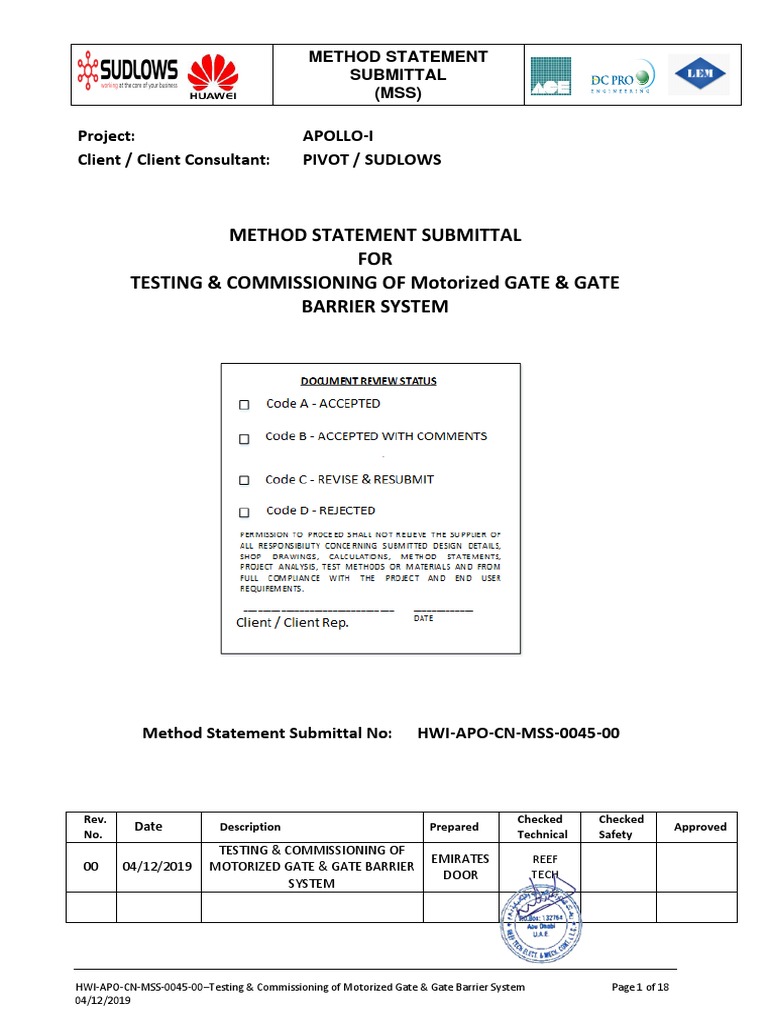 Motorized Gate Method Statements | PDF | Safety | Risk