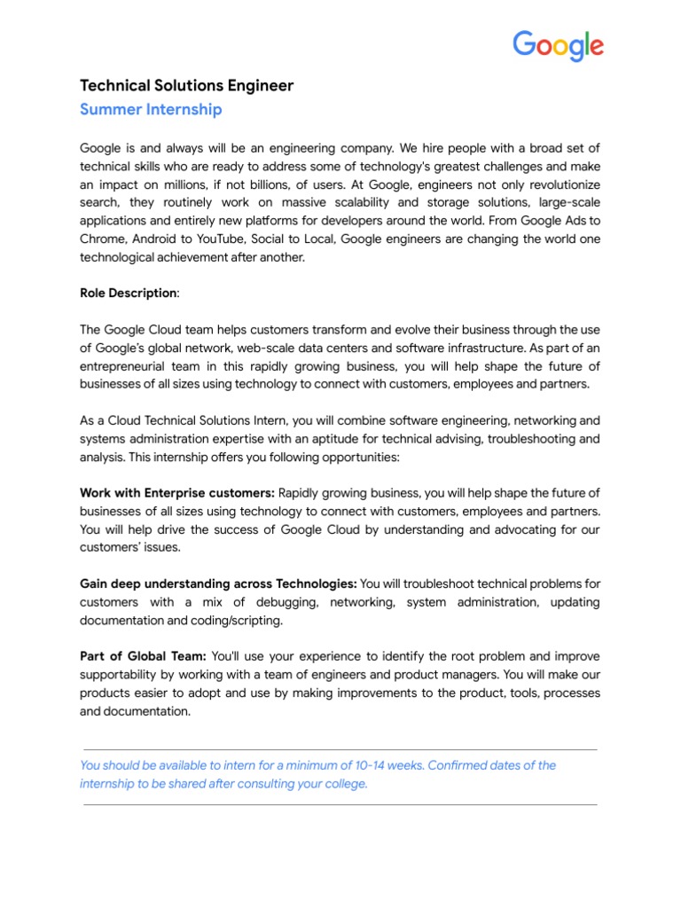Technical Solutions Engineer Internship - JD | PDF | Cloud Computing ...