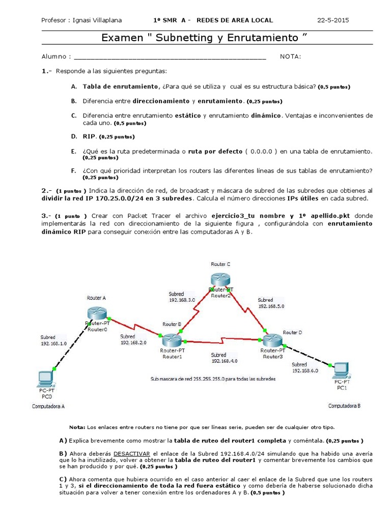 Examen " Subnetting y Enrutamiento ": A. B. C. D. E. F | Descargar gratis PDF | Dirección IP ...