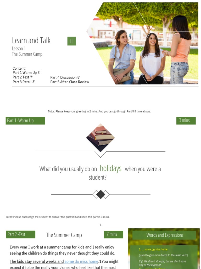 Learn and Talk: Lesson 1 The Summer Camp | PDF