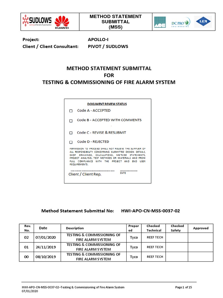 Fire Alarm Method Statement Pdf Safety Electrical Engineering