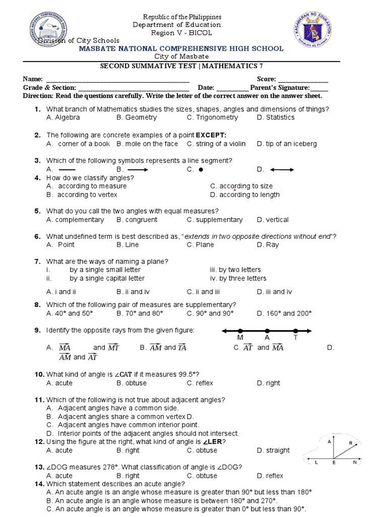 Grade 7 Geometry Summative Test | PDF | Angle | Geometry